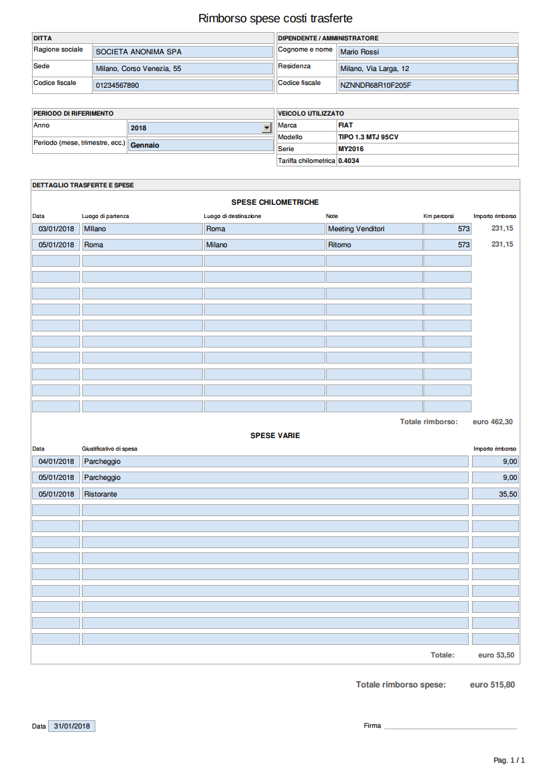 Gestione rimborso spese costi trasferte con tabelle ACI: versione...